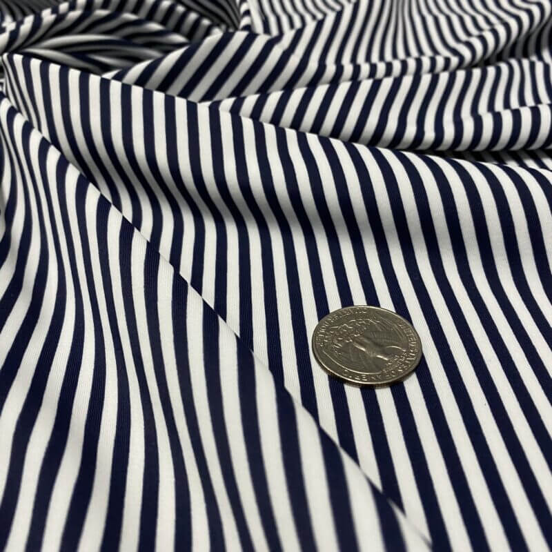 Dark Navy and White Stripes Print Nylon Lycra Spandex Fabric 4 Way ...