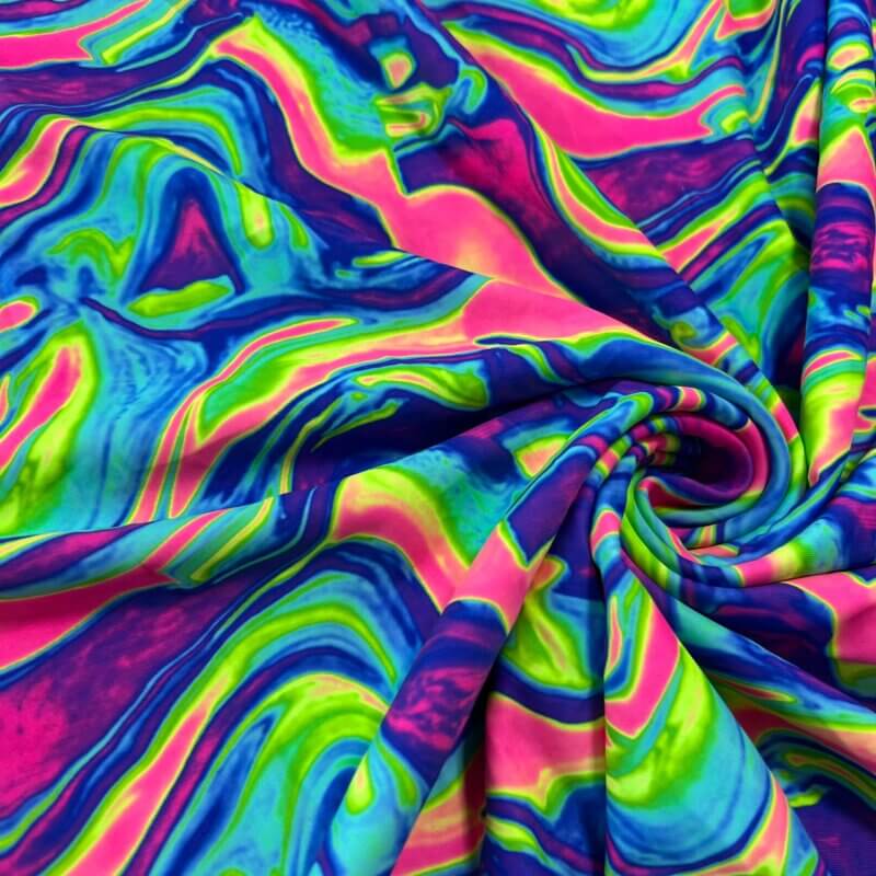 Pink Blue and Neon Green Marble Print Nylon Lycra Spandex