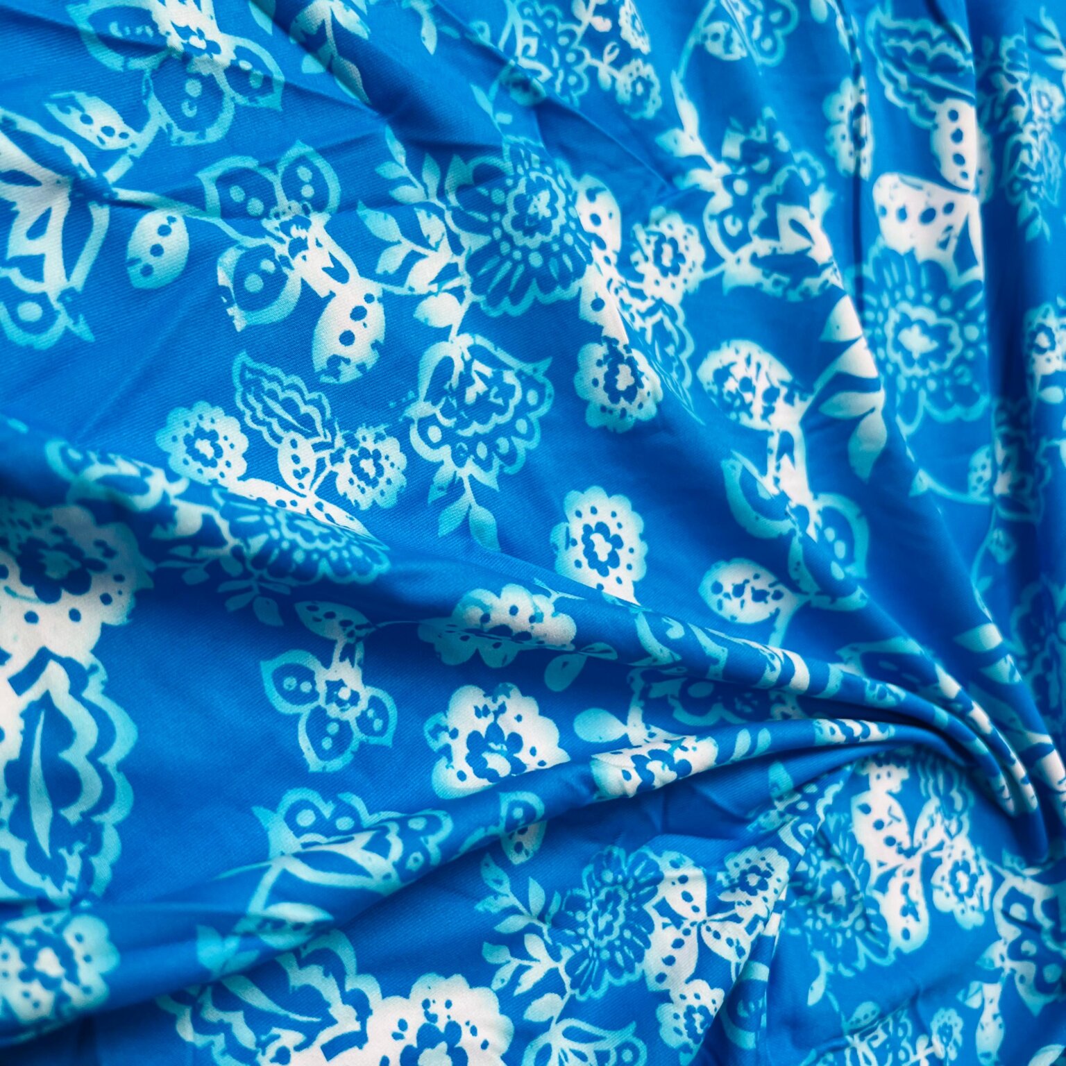 White Flowers Blue Background Print Nylon Lycra Spandex Fabric